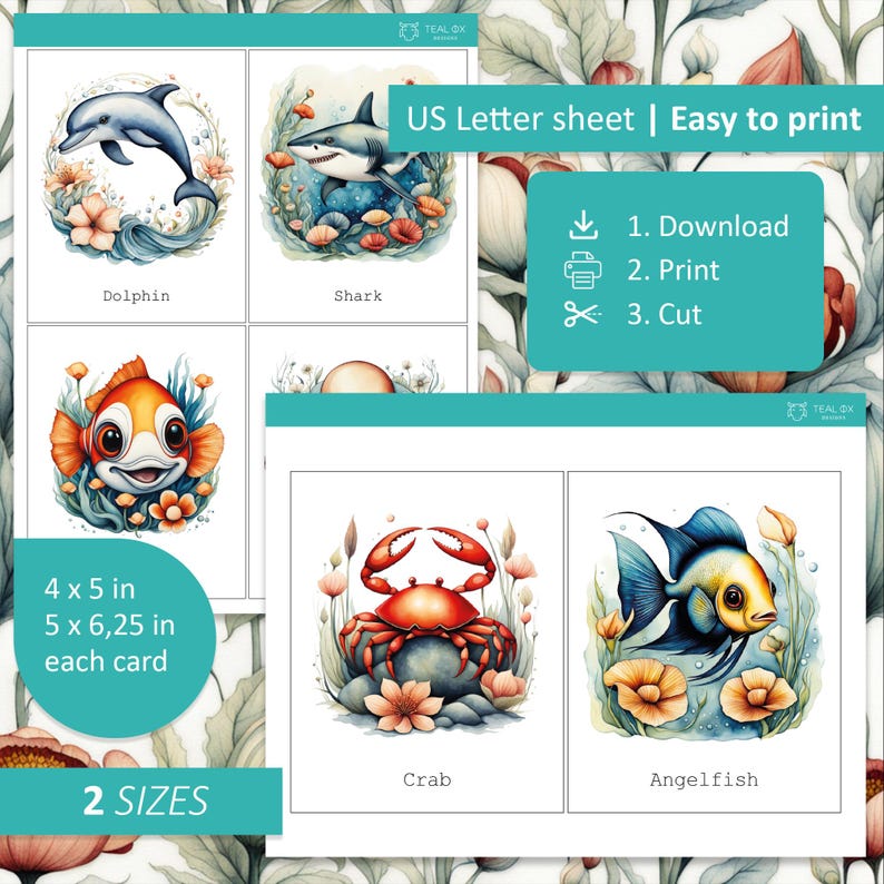 Sea Animals Flashcards for Kids, Printable Ocean Animal Cards With ...
