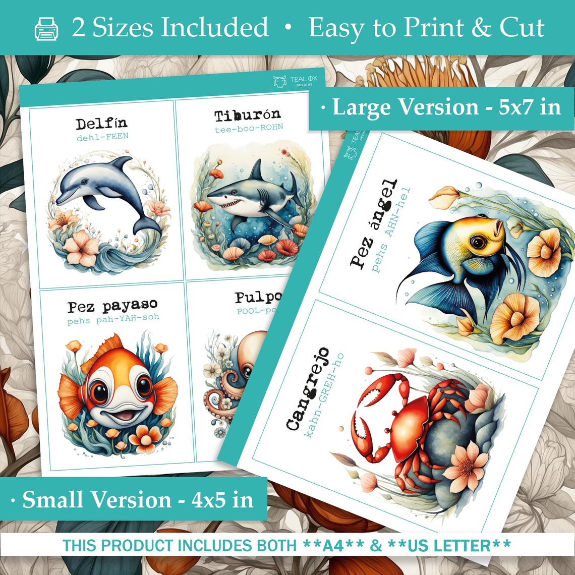 Spanish Sea Animals Flashcards Printable, Ocean Animal Cards in Spanish ...