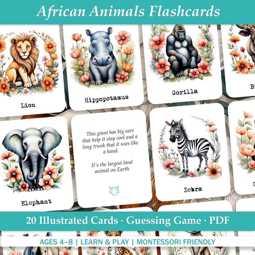 Printable African Animal Flashcards for Kids, 20 Wildlife Cards With ...