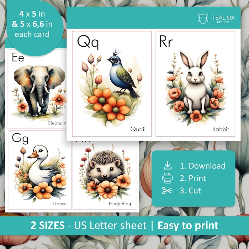 Animal Alphabet Flashcards for Kids, Printable ABC Cards With Cute ...