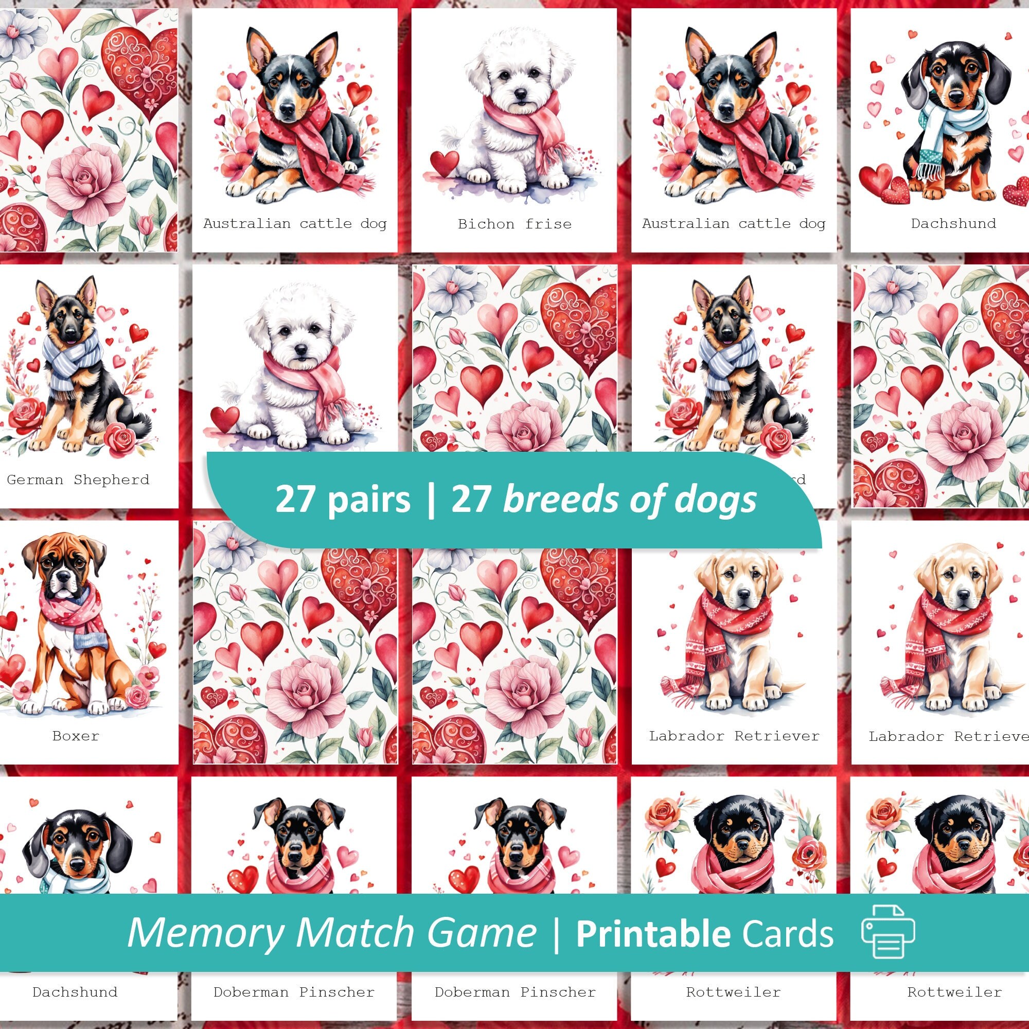 Valentine's Day Dog Breeds Memory Game - 27 Unique Pairs | Printable ...