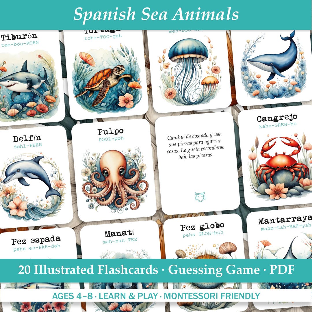 Spanish Sea Animals Flashcards Printable, Ocean Animal Cards in Spanish ...