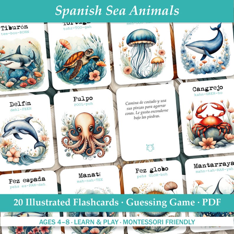 Spanish Sea Animals Flashcards Printable, Ocean Animal Cards in Spanish ...