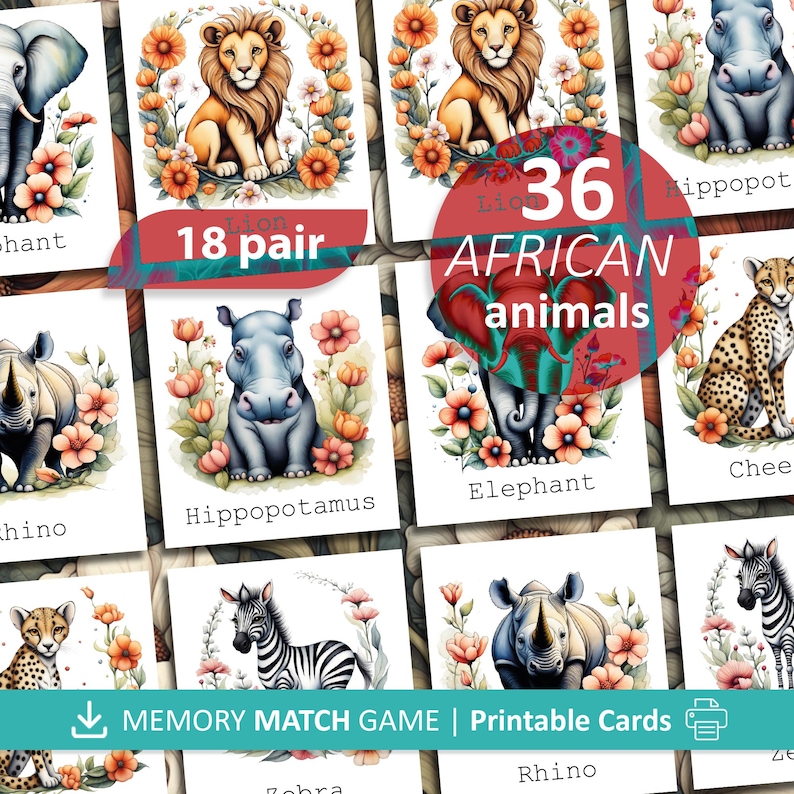 African Animals Memory Game Printable, Safari Matching Cards for Kids ...