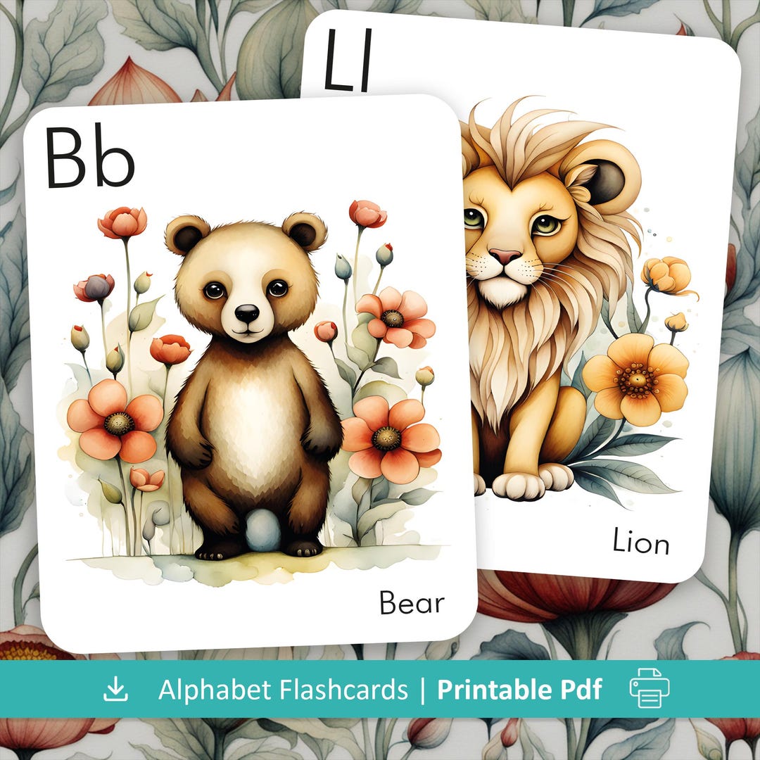 Animal Alphabet Flashcards for Kids, Printable ABC Cards With Cute ...