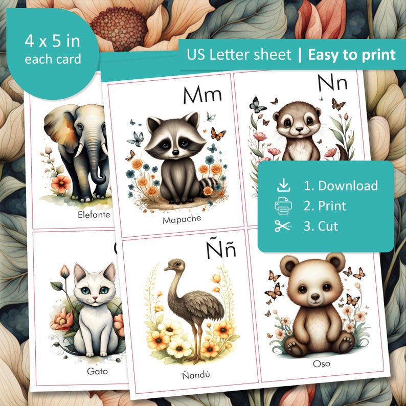 Spanish Alphabet Flashcards With Animals – Printable ABC Cards A-Z + Ñ ...