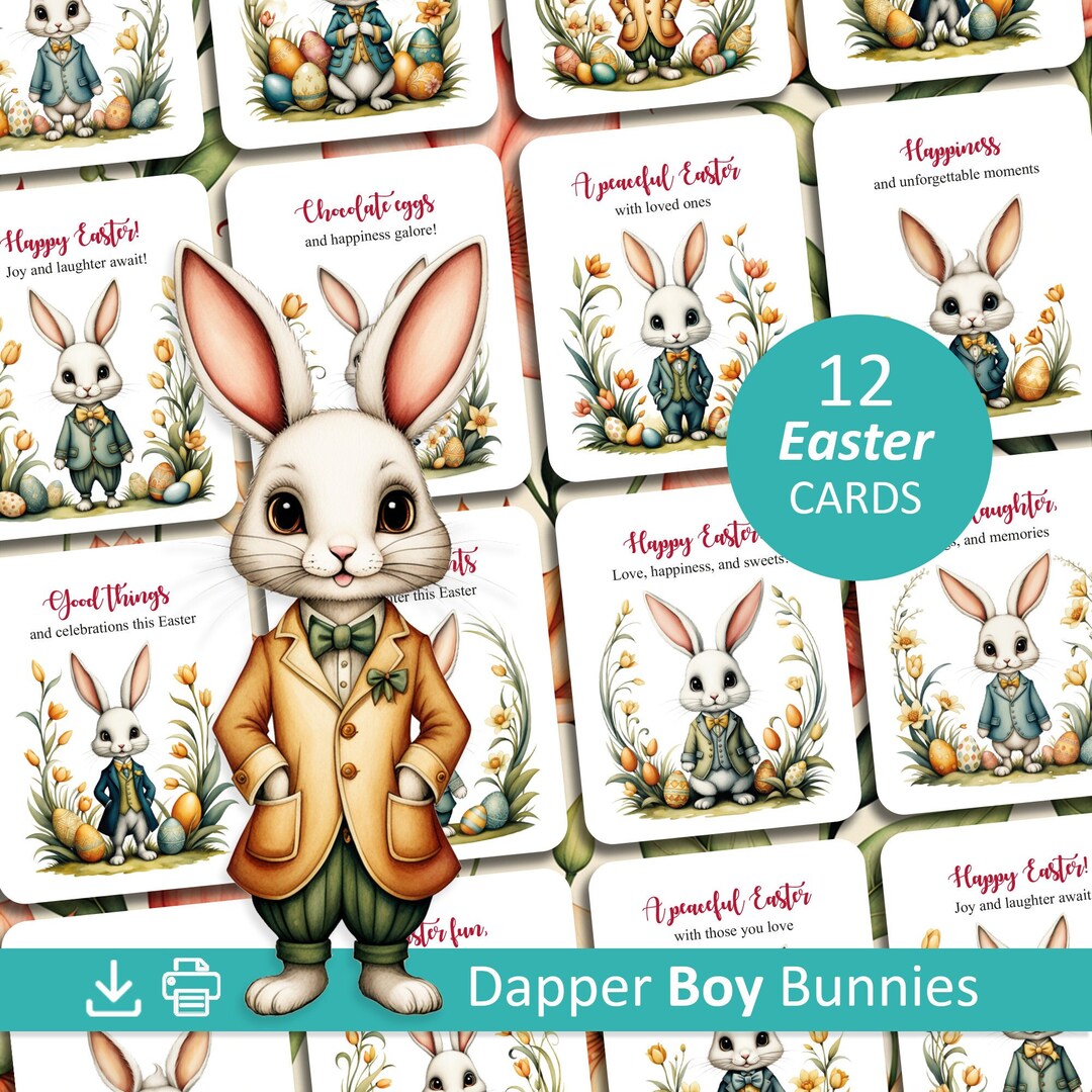 Printable Easter Bunny Cards Set of 12 Dapper Boy Bunnies - Etsy