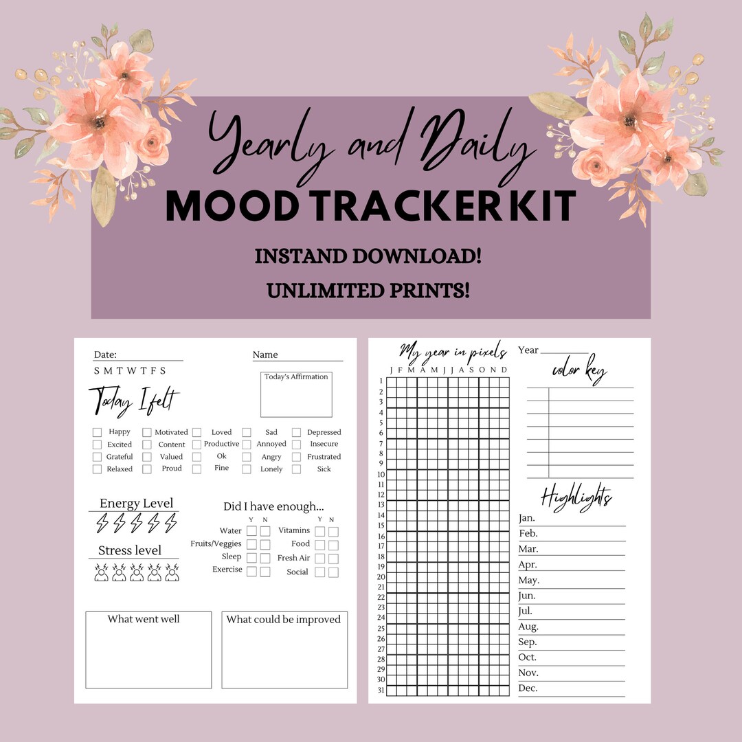 Yearly and Daily Mood Tracker for Anxiety Tracker for Mental Health ...