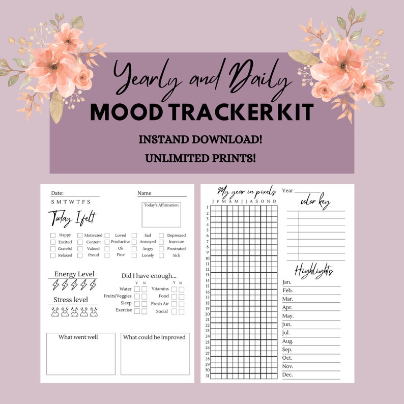 Yearly and Daily Mood Tracker for Anxiety Tracker for Mental Health ...
