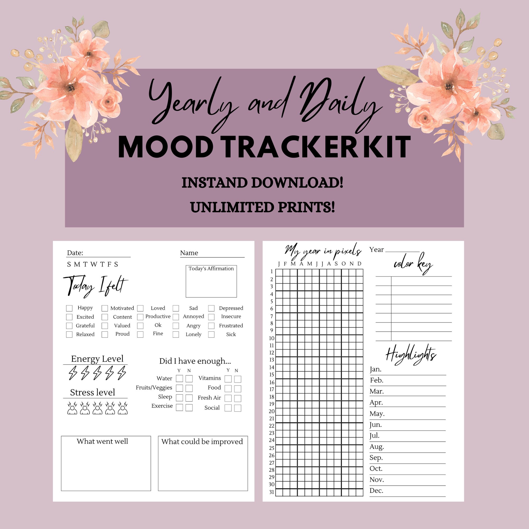 Yearly and Daily Mood Tracker for Anxiety Tracker for Mental Health ...