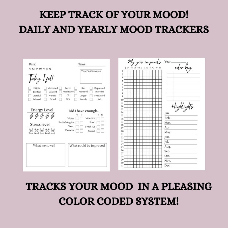 Yearly and Daily Mood Tracker for Anxiety Tracker for Mental Health ...