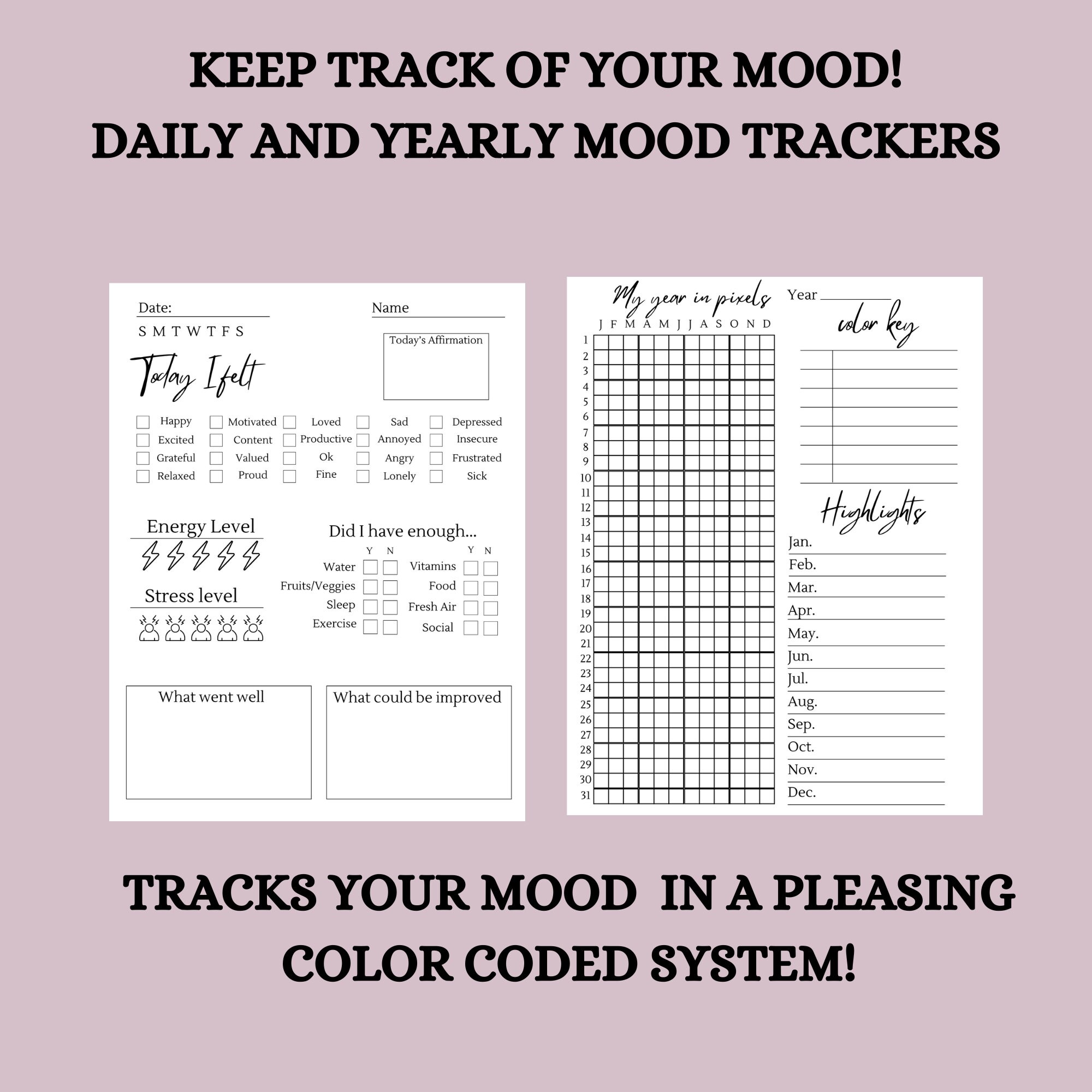 Yearly and Daily Mood Tracker for Anxiety Tracker for Mental Health ...