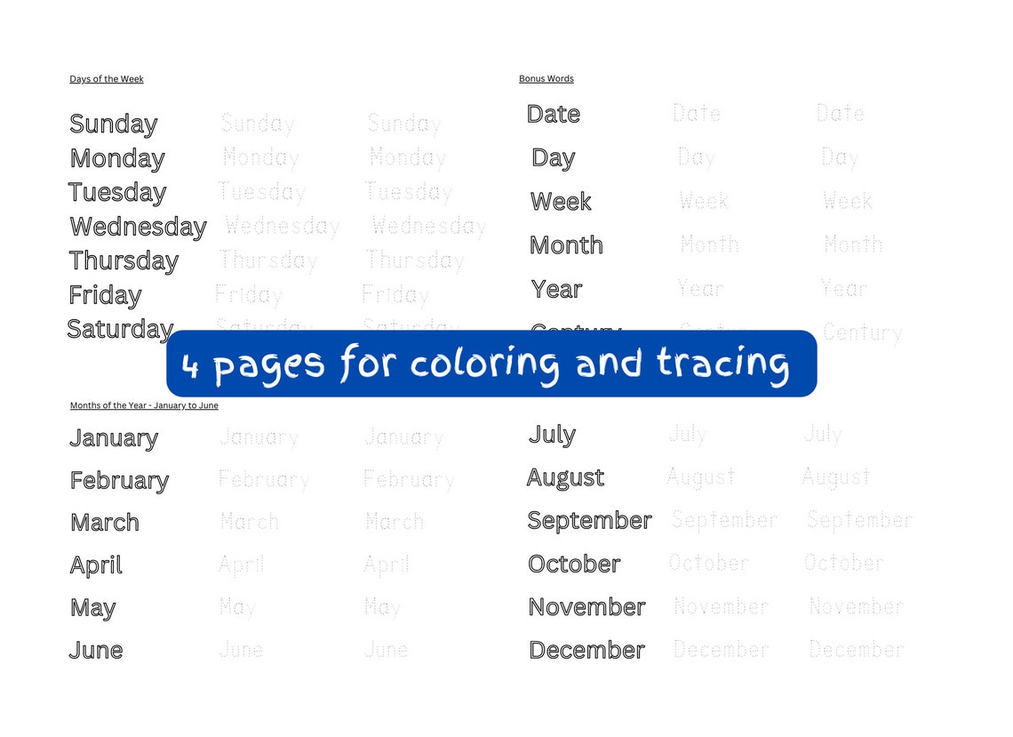 Days of the Week/ Months of the Year/bonus Words - Color and Trace - 4 ...