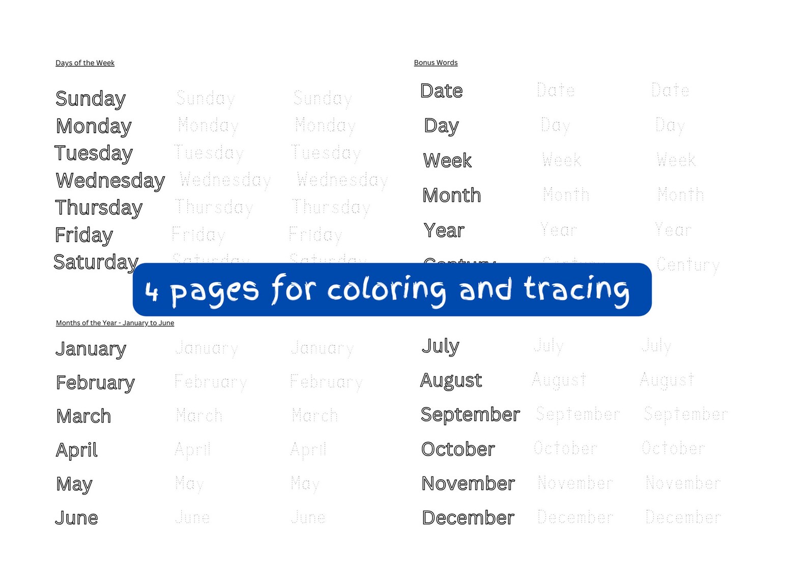 Days of the Week/ Months of the Year/bonus Words - Color and Trace - 4 ...