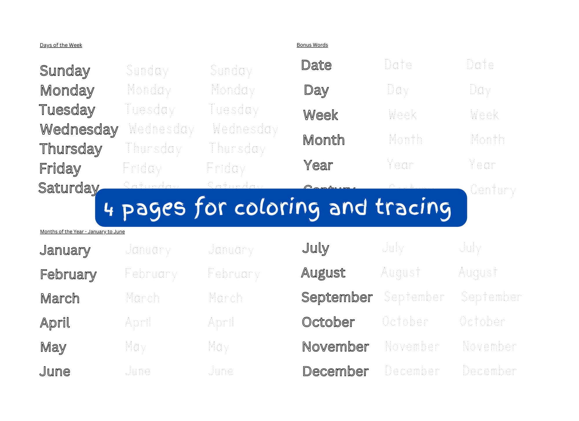 Days of the Week/ Months of the Year/bonus Words - Color and Trace - 4 ...
