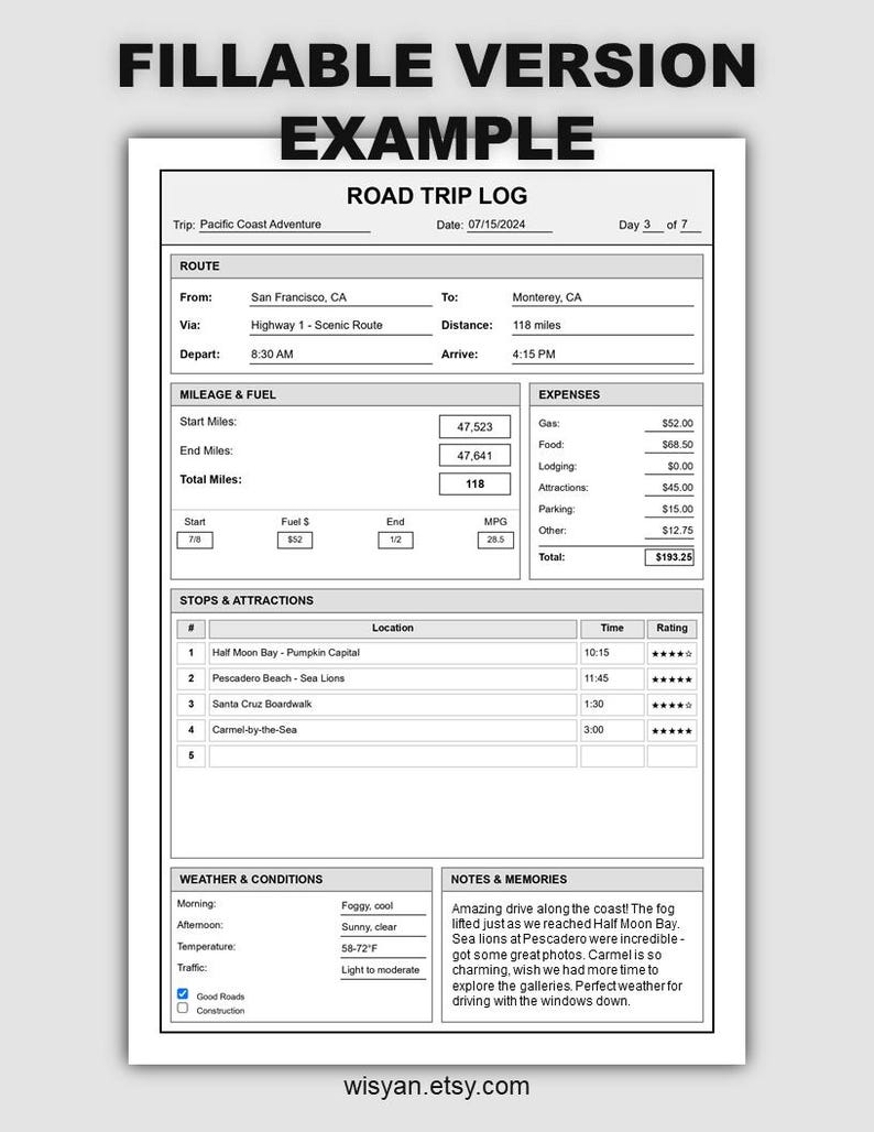 Printable Road Trip Planner | Travel Log Book PDF | Vacation Mileage ...