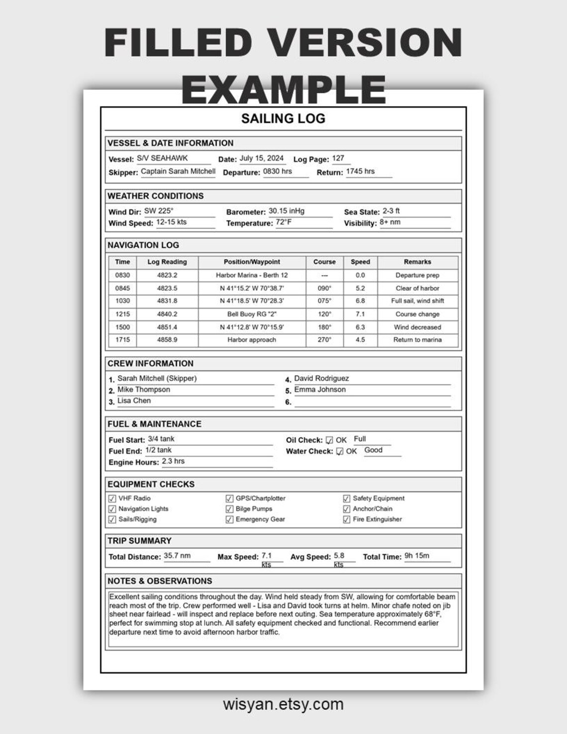 Sailing Logbook Printable: Yacht Captain's Nautical Log (digital ...