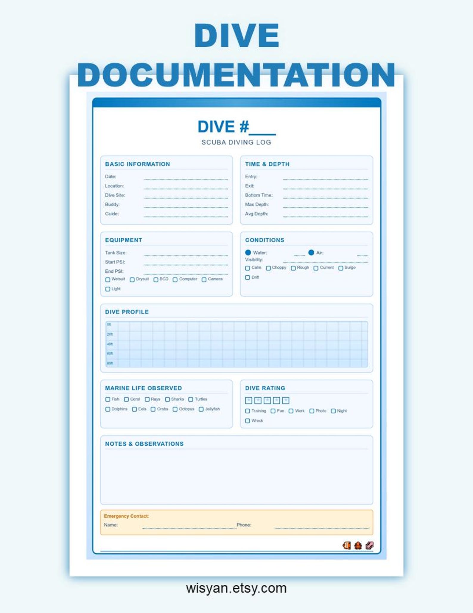 Printable Scuba Dive Log | Digital Download | Ocean Adventure Dive ...