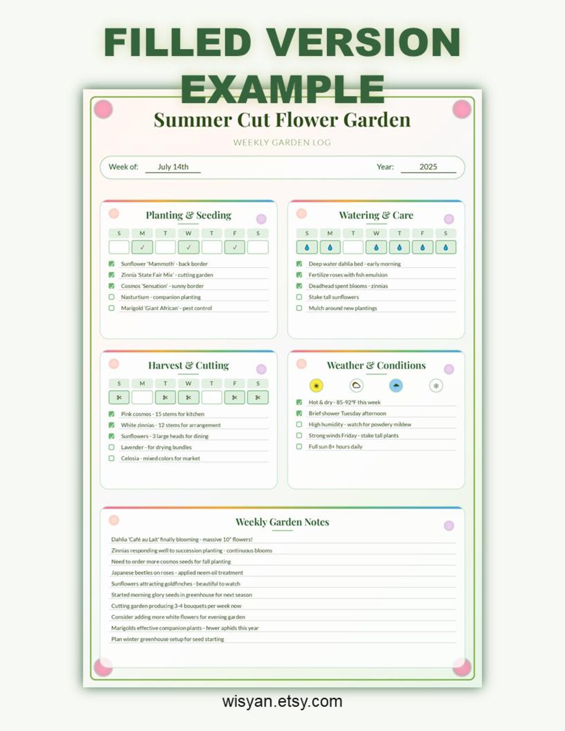 Summer Cut Flower Garden Log | Printable Weekly Tracker for Flower ...