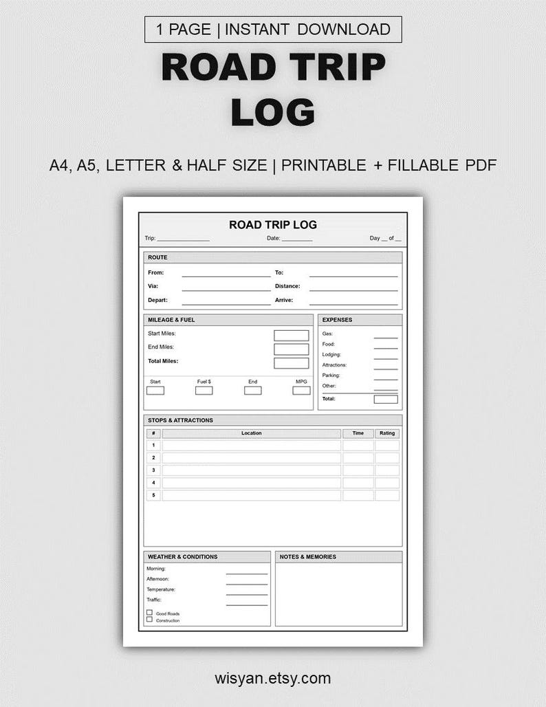 Printable Road Trip Planner | Travel Log Book PDF | Vacation Mileage ...