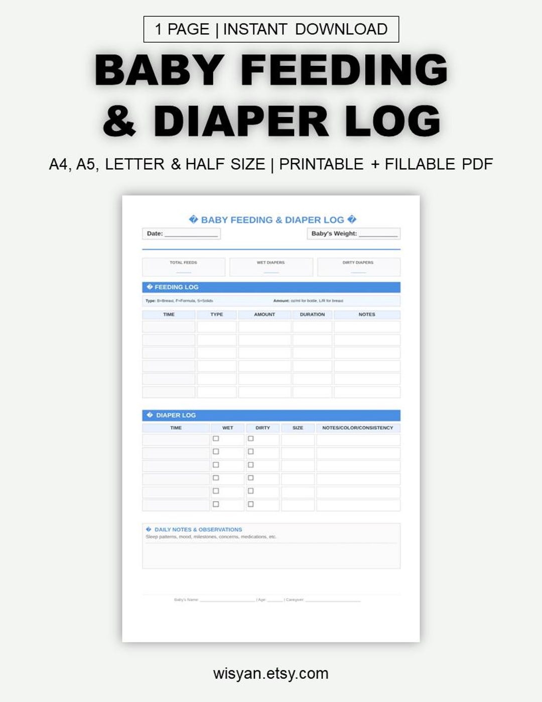 Baby Feeding & Diaper Log | Printable Daily Infant Tracker ...