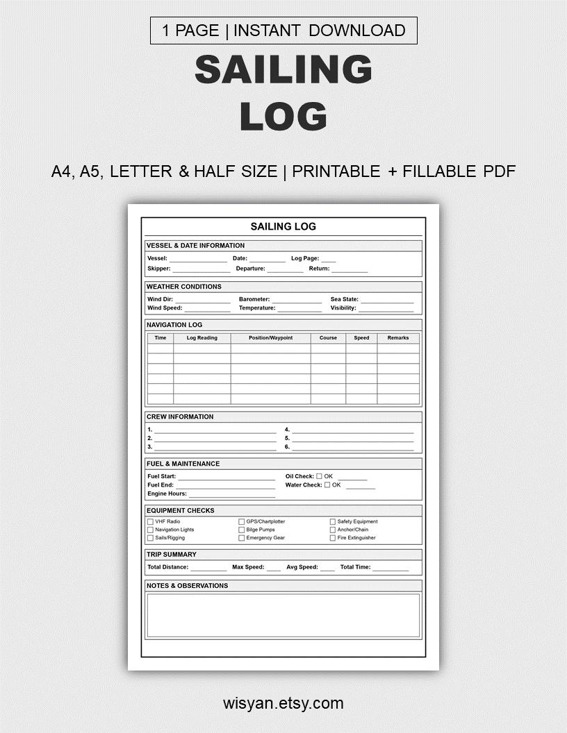 Sailing Logbook Printable: Yacht Captain's Nautical Log (digital ...