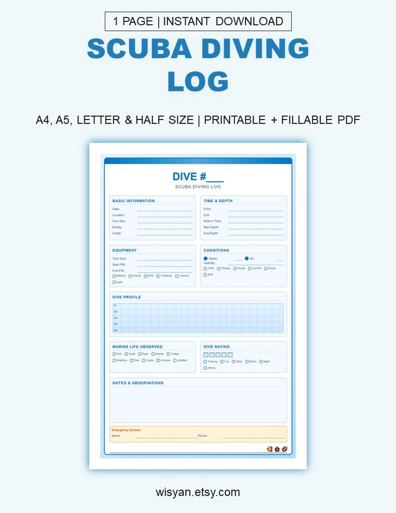 Printable Scuba Dive Log | Digital Download | Ocean Adventure Dive ...