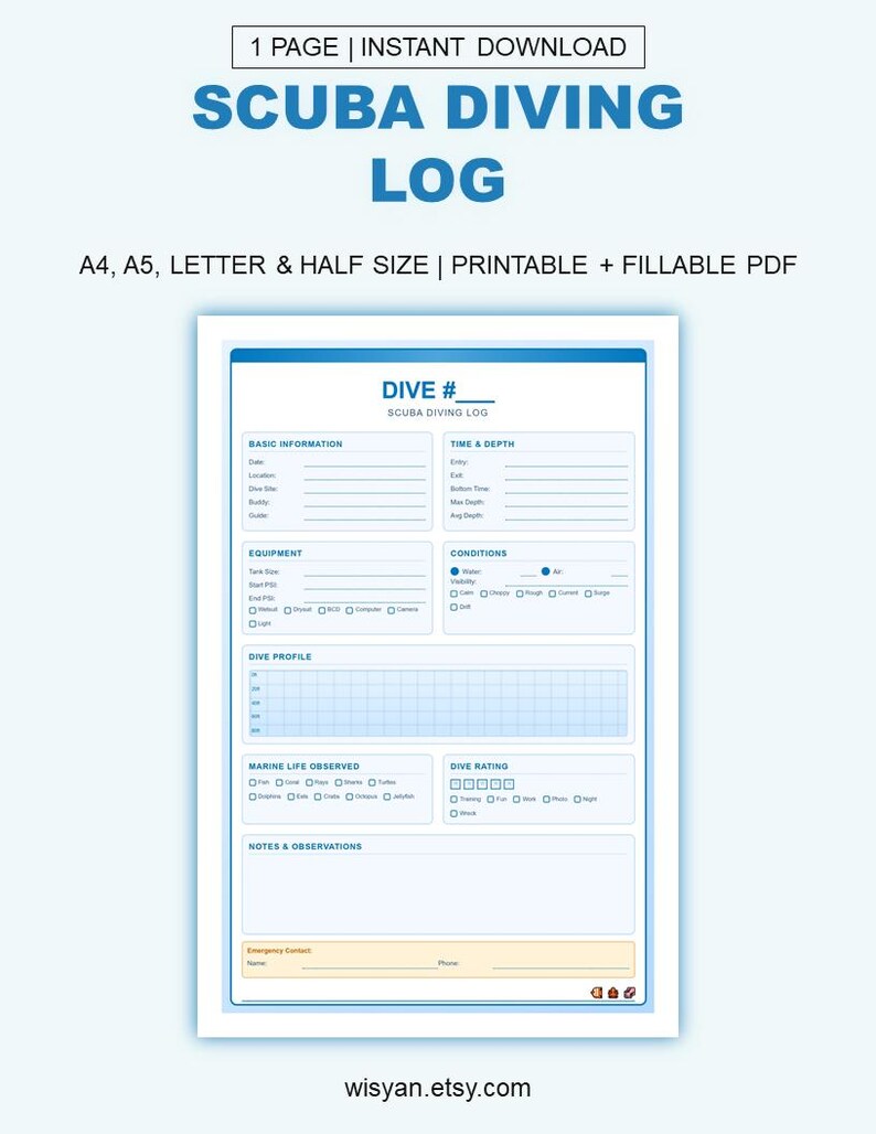 Printable Scuba Dive Log | Digital Download | Ocean Adventure Dive ...
