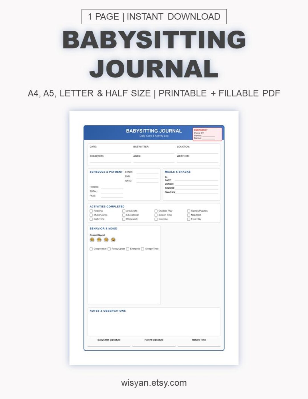 Babysitting Journal - Printable Daily Log for Babysitters | Childcare ...