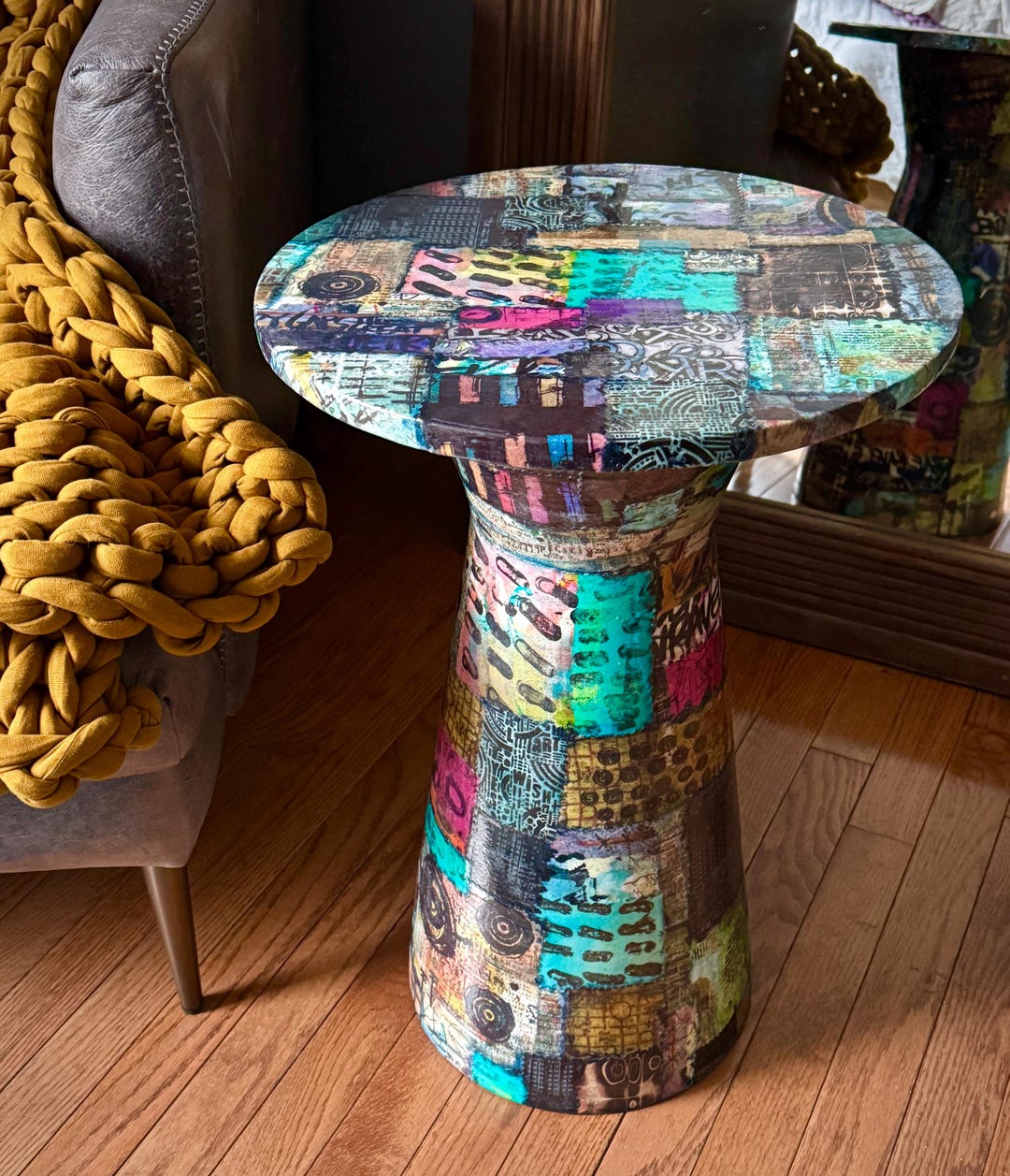 Boho Eclectic Side Table in Patchwork Collage | Colorful Accent Table ...