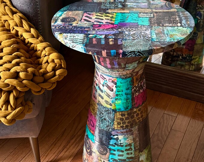Boho Eclectic Side Table in Patchwork Collage | Colorful Accent Table ...