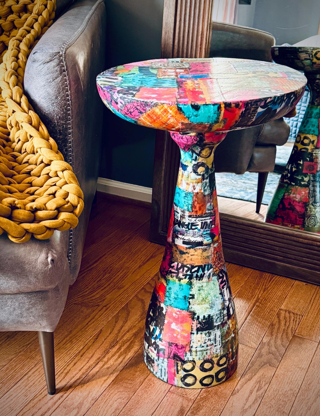 Boho Eclectic Side Table in Patchwork Collage | Colorful Accent Table ...