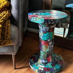 Boho Eclectic Side Table in Patchwork Collage Colorful Accent Table 20 ...