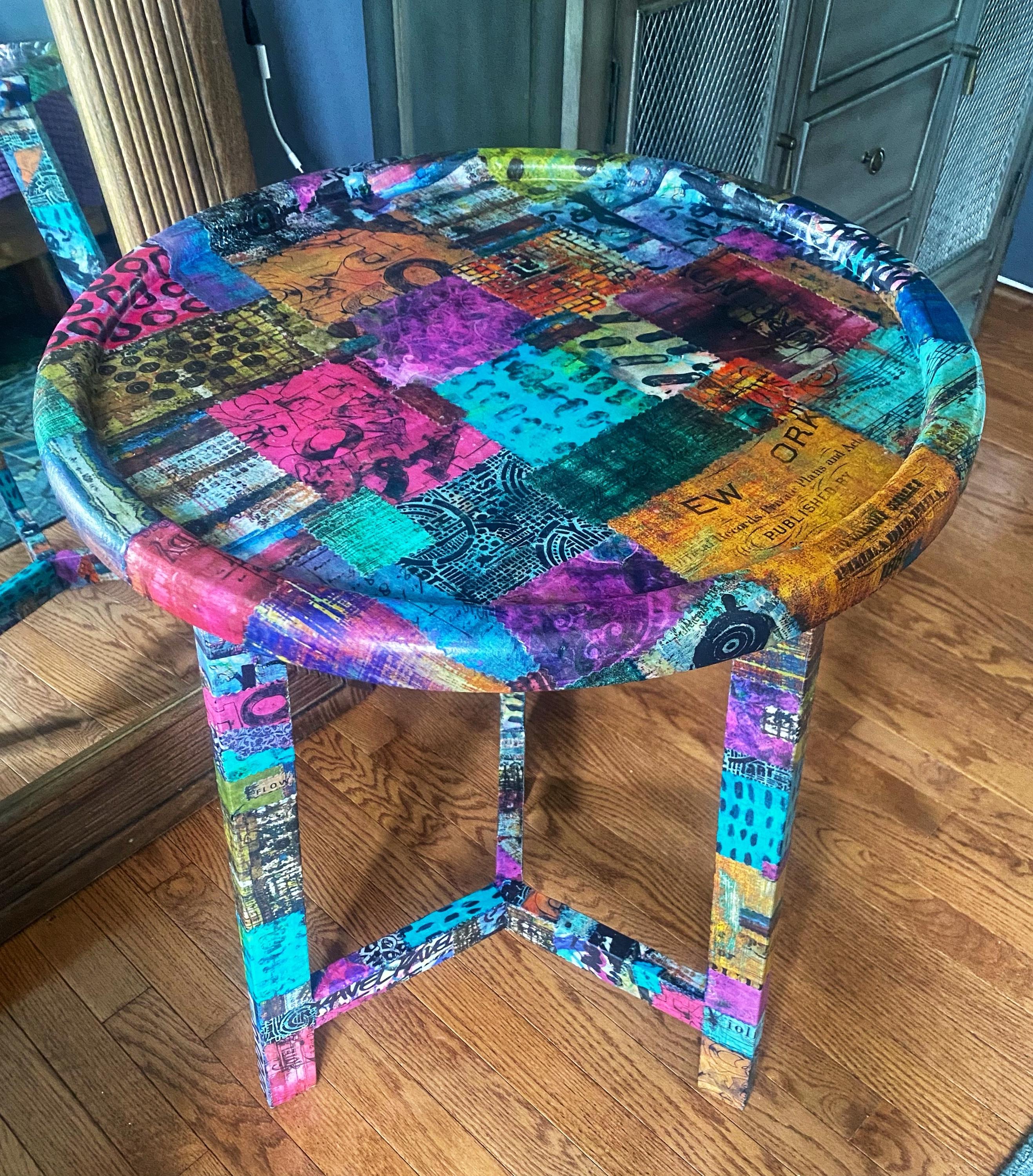 Boho Eclectic Side Table in Collage Patchwork Design Colorful End Table ...
