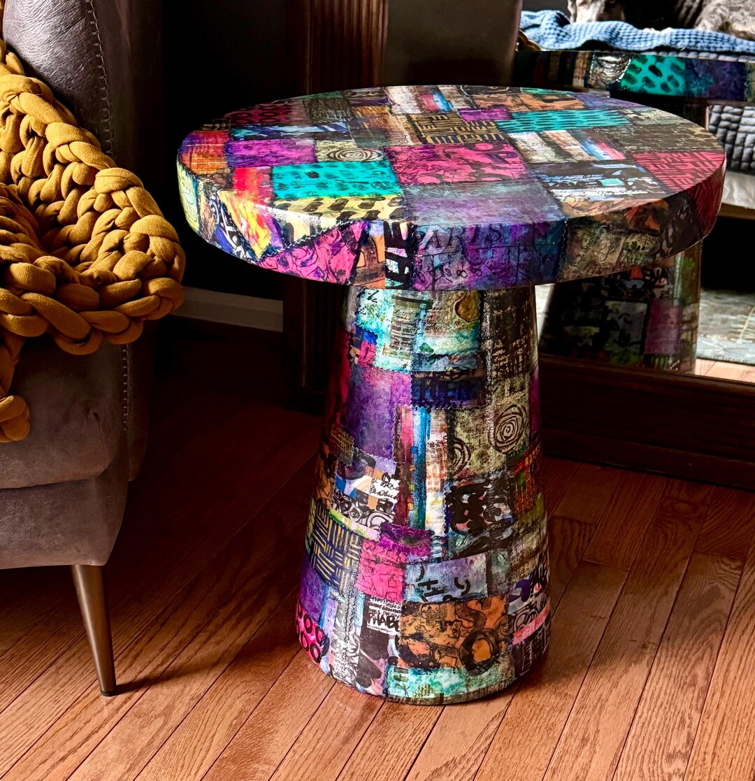 Boho Eclectic Side Table in Patchwork Collage | Colorful Accent Table ...