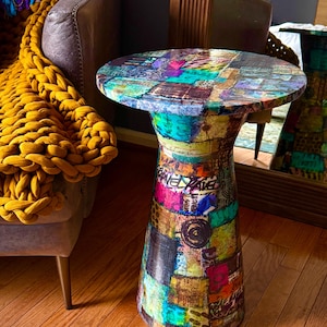 Boho Eclectic Side Table in Patchwork Collage | Colorful Accent Table ...