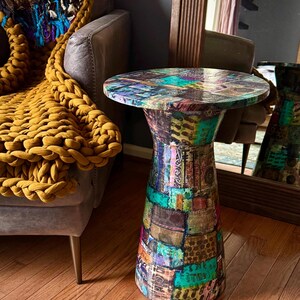 Boho Eclectic Side Table in Patchwork Collage | Colorful Accent Table ...