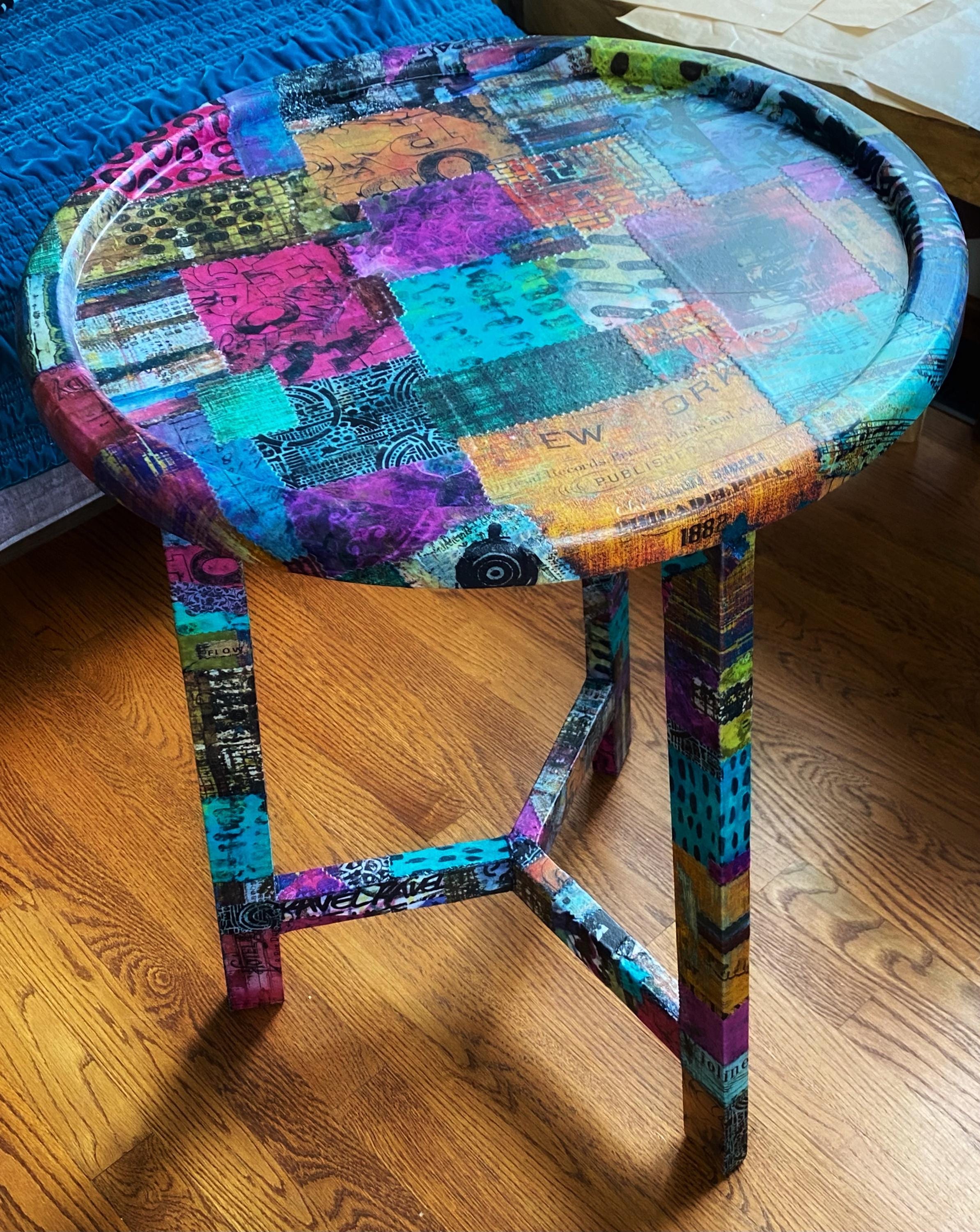 Boho Eclectic Side Table in Collage Patchwork Design Colorful End Table ...