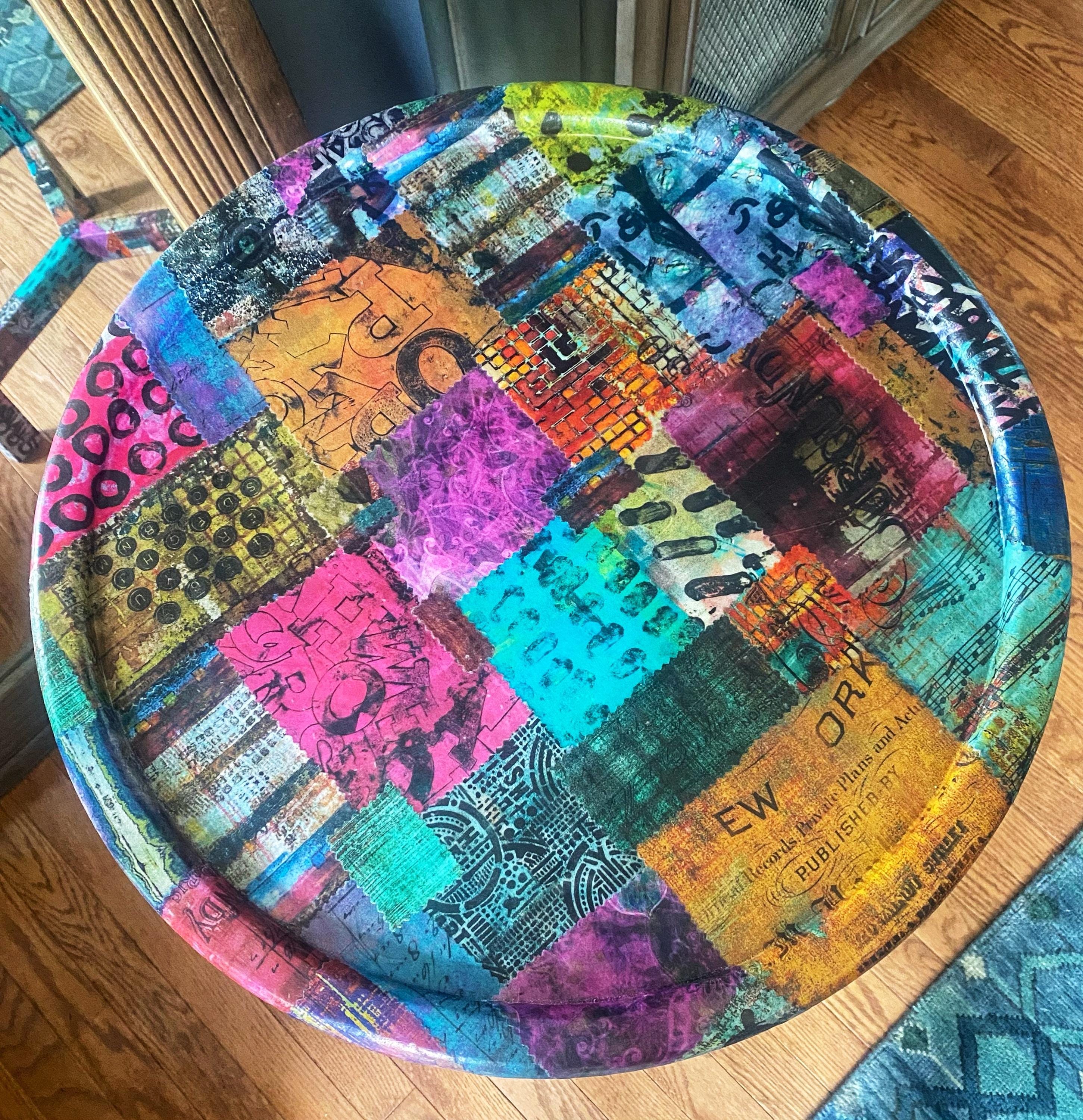 Boho Eclectic Side Table in Collage Patchwork Design Colorful End Table ...