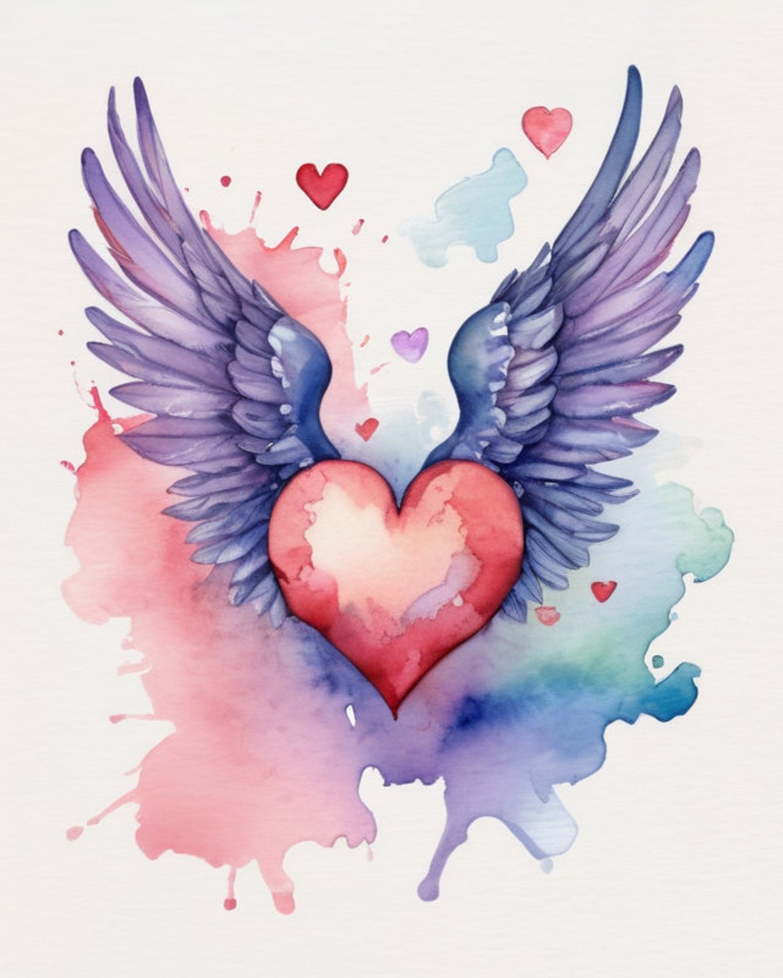 Winged Hearts Valentines Watercolor Drawing Clipart .png Digital ...