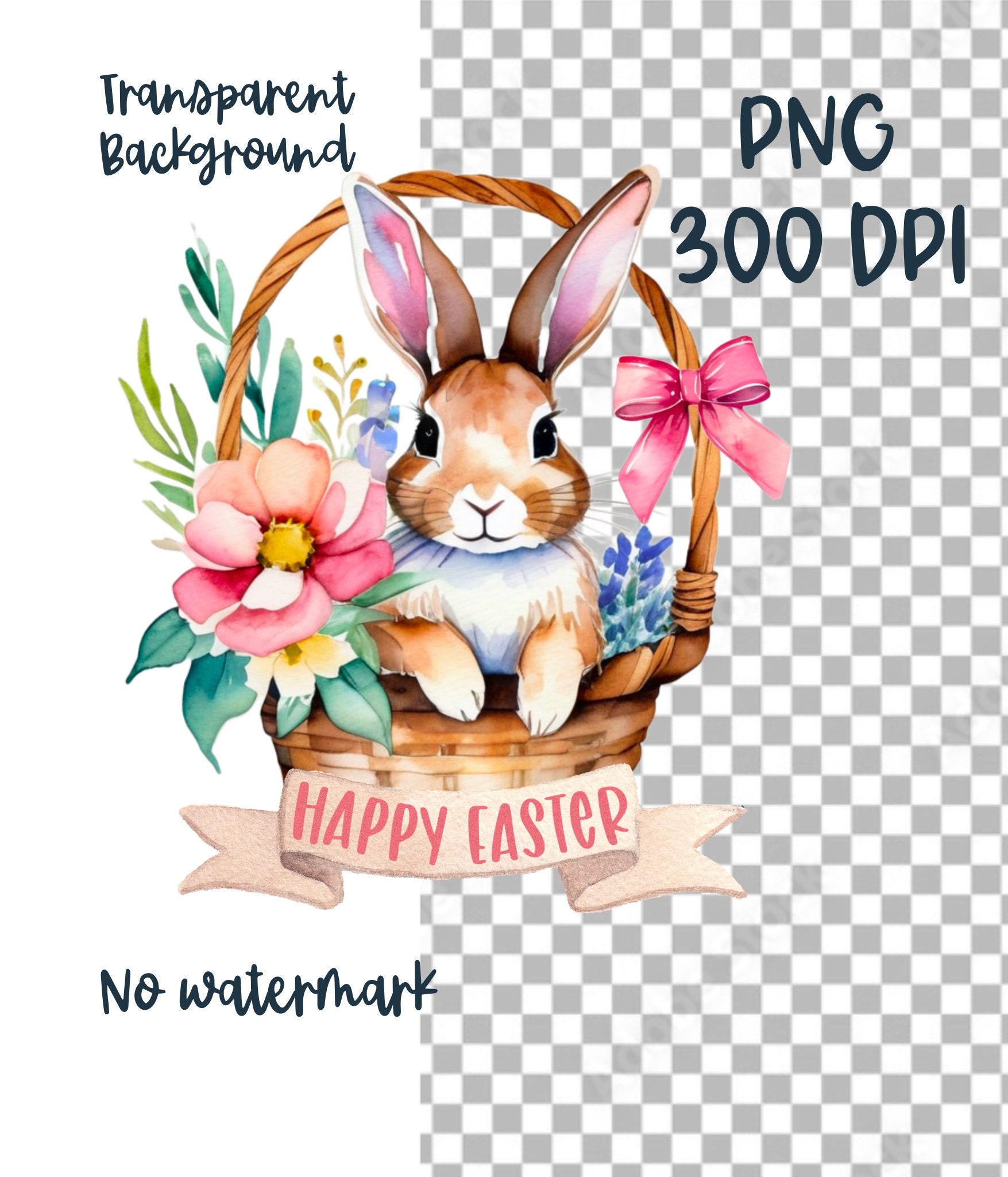 Easter Bunny Basket Eggs Png Flowers Watercolor Drawing Clipart .png ...