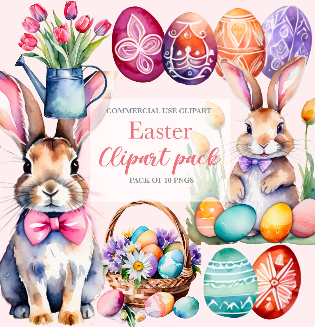 Easter Bunny Eggs Basket Watercolor Drawing Png Clipart Digital ...