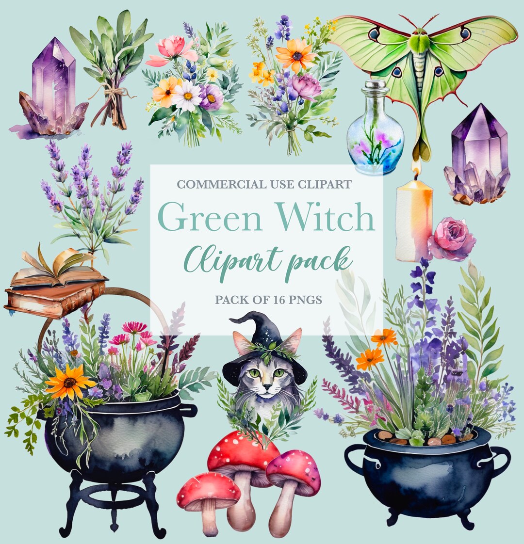 Green Witch Spring PNG Watercolor Sublimination Clipart Digital Ostara ...