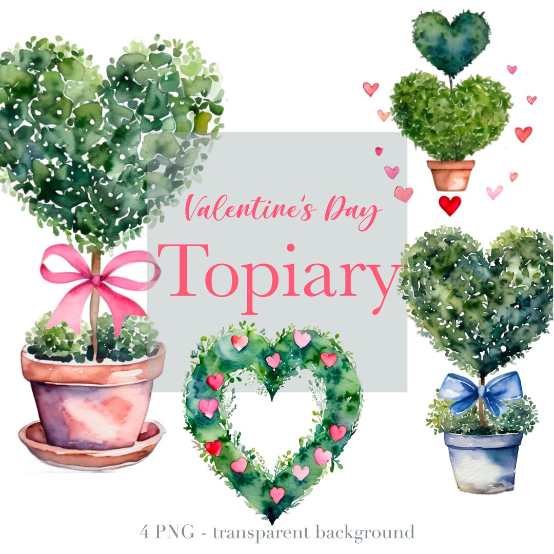 Topiary Valentine’s Day Heart Bundle Watercolor Drawing Clipart .png Digital Download ...