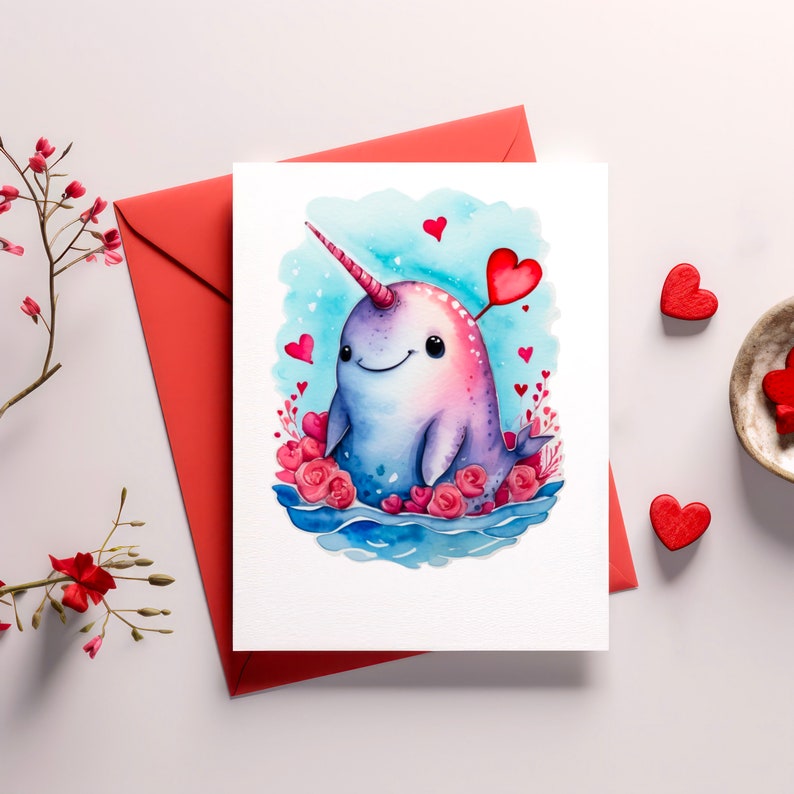 Narwhal Hearts Valentines Watercolor Drawing Clipart .png Digital ...
