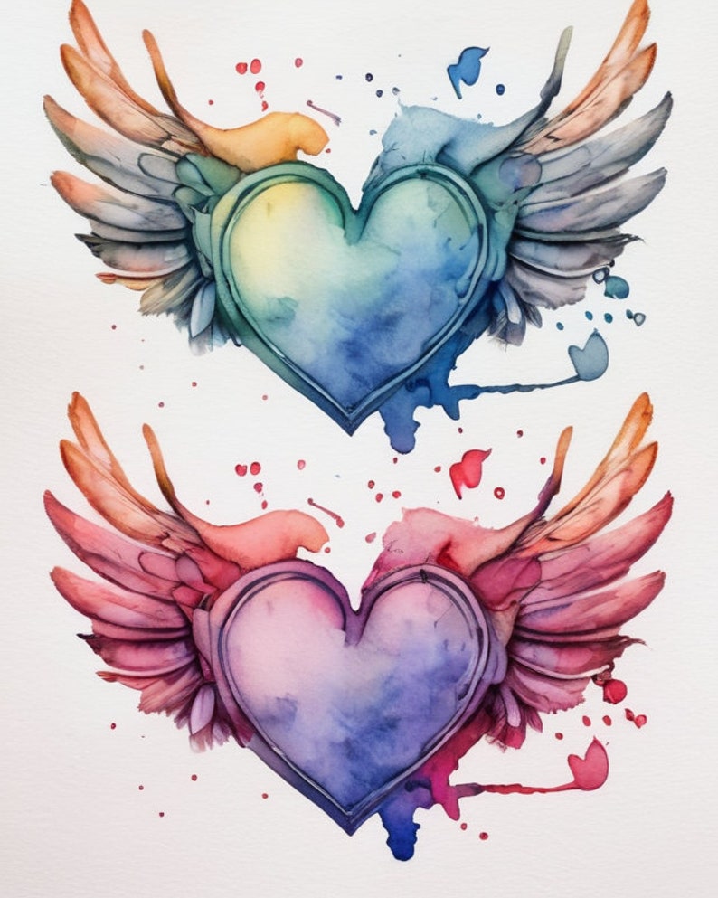 Winged Hearts Valentines Watercolor Drawing Clipart .png Digital ...