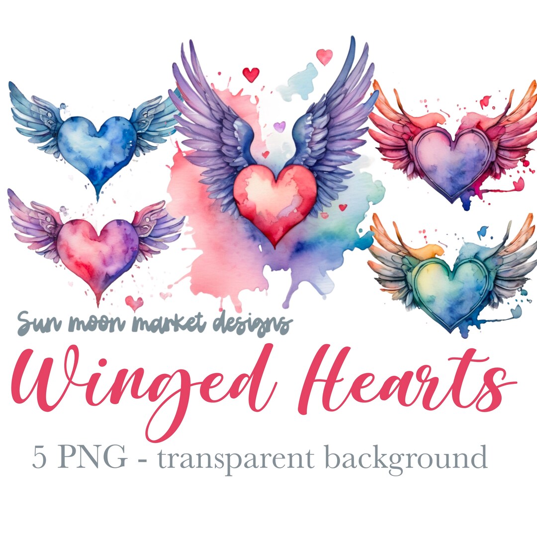 Winged Hearts Valentines Watercolor Drawing Clipart .png Digital ...