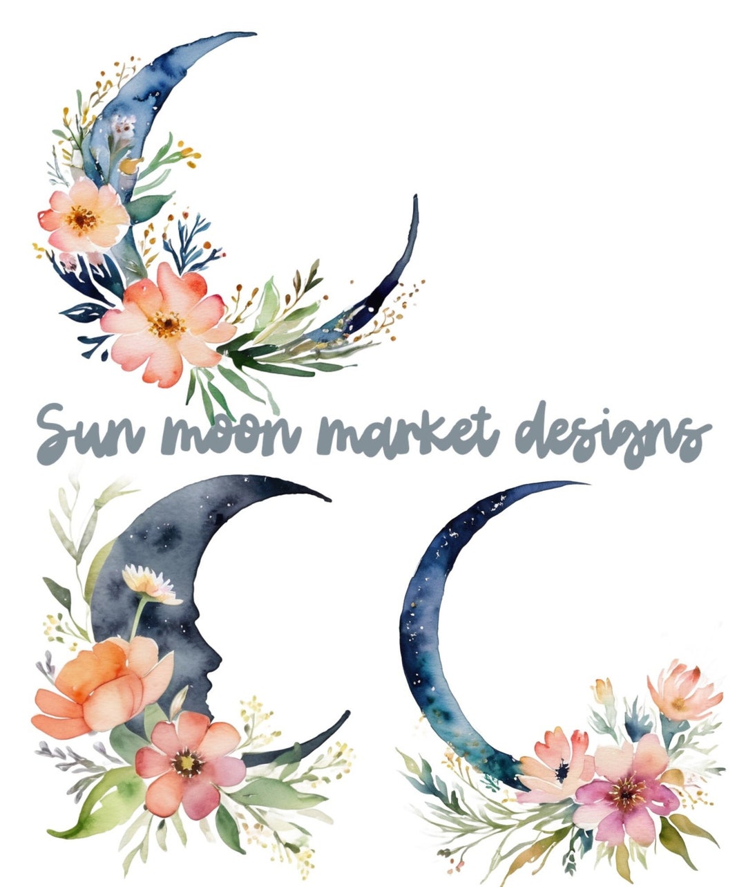 Crescent Moons and Flowers Watercolor Drawing Clipart Digital Download ...
