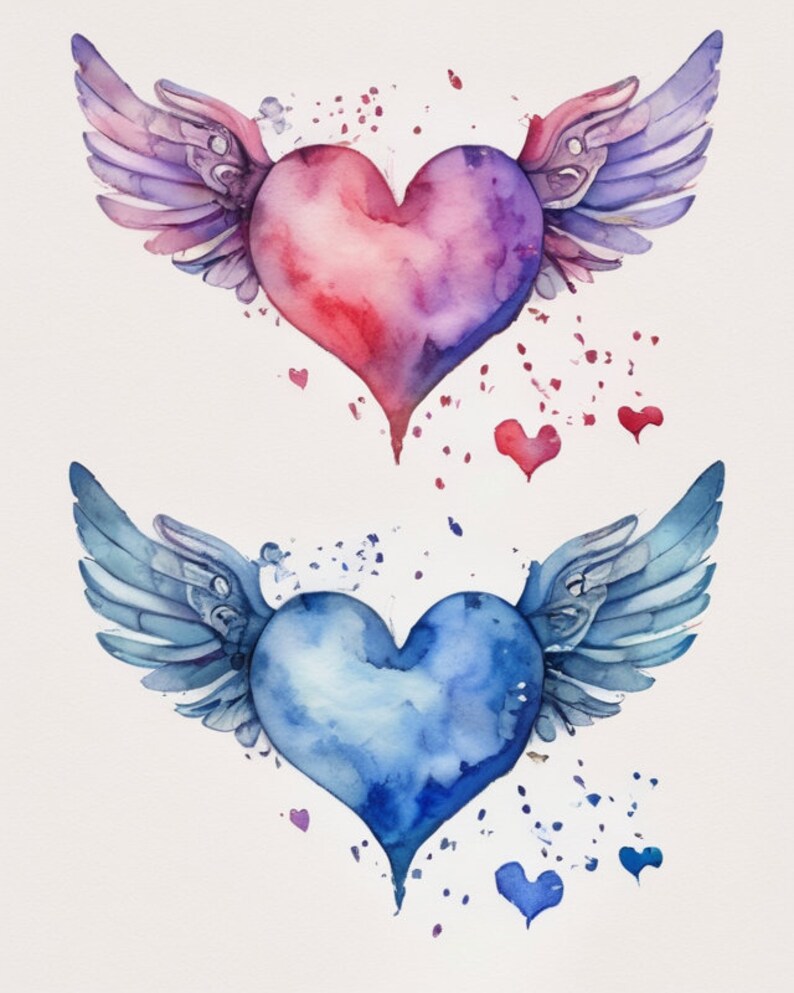 Winged Hearts Valentines Watercolor Drawing Clipart .png Digital ...