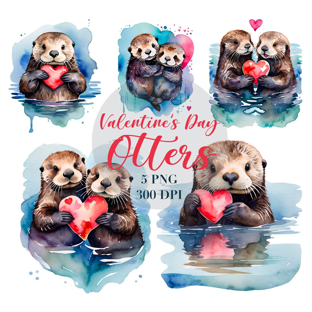 Sea Otter Valentine’s Day Heart Bundle Watercolor Drawing Clipart .png ...